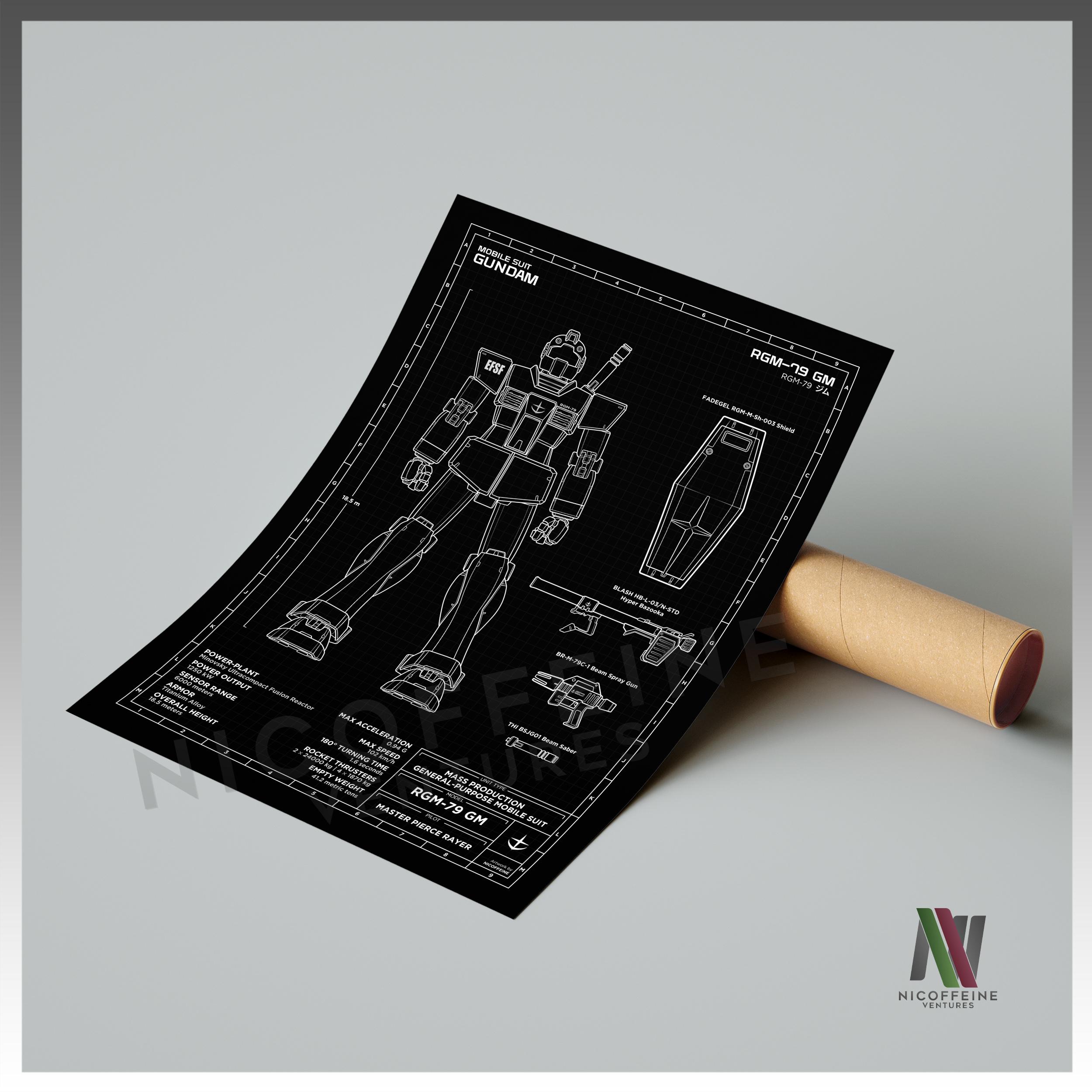 Mobile Suit Gundam RGM-79 GM Mecha Robot Blueprint Style for Large ...