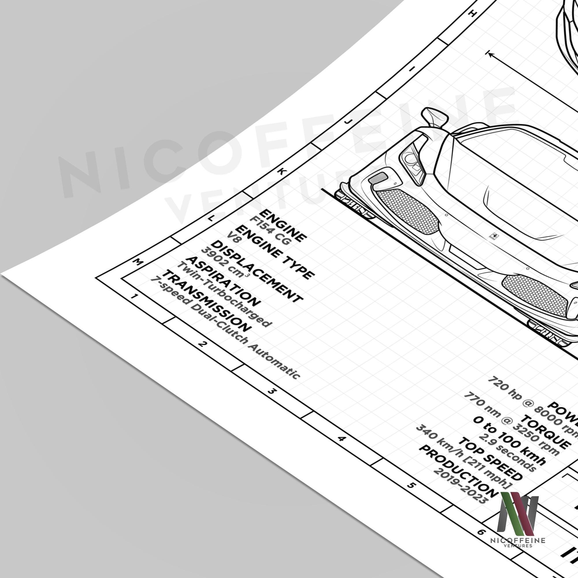 Ferrari F8 Tributo White Background Minimalist Super Car Blueprint ...
