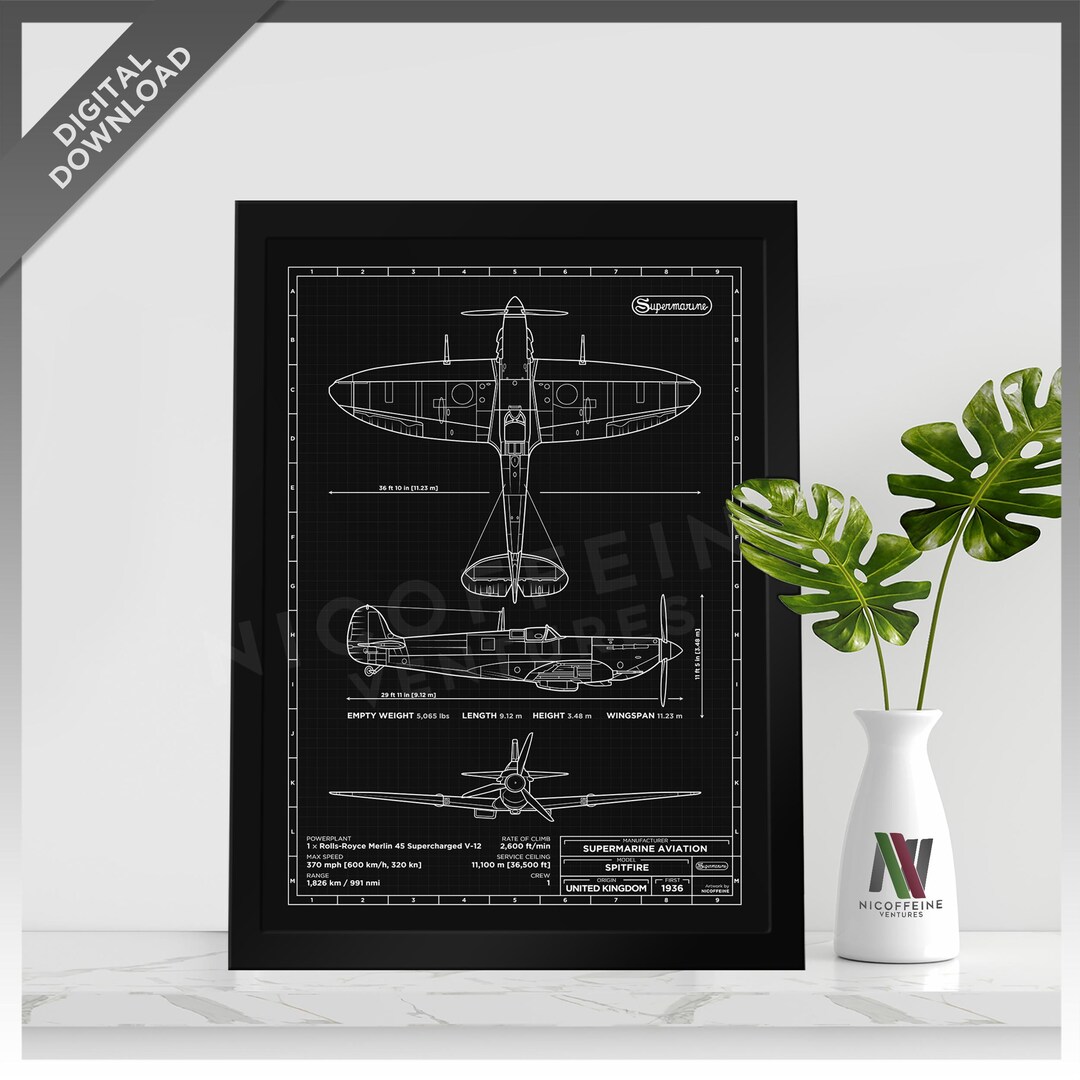 Supermarine Spitfire Minimalist Aircraft / Aeroplane Blueprint Style ...