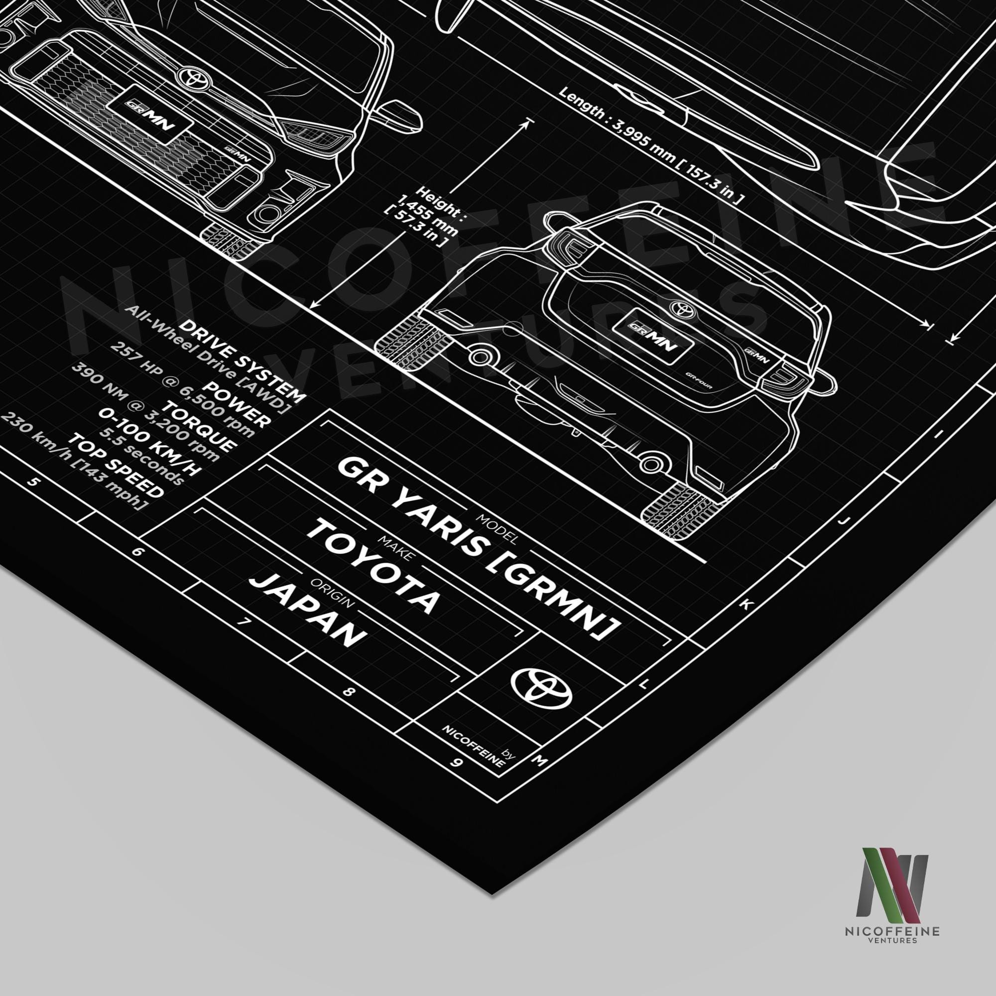 Toyota GR Yaris Grmn G16E Gr Four Minimal Car Blueprint Style for Large ...