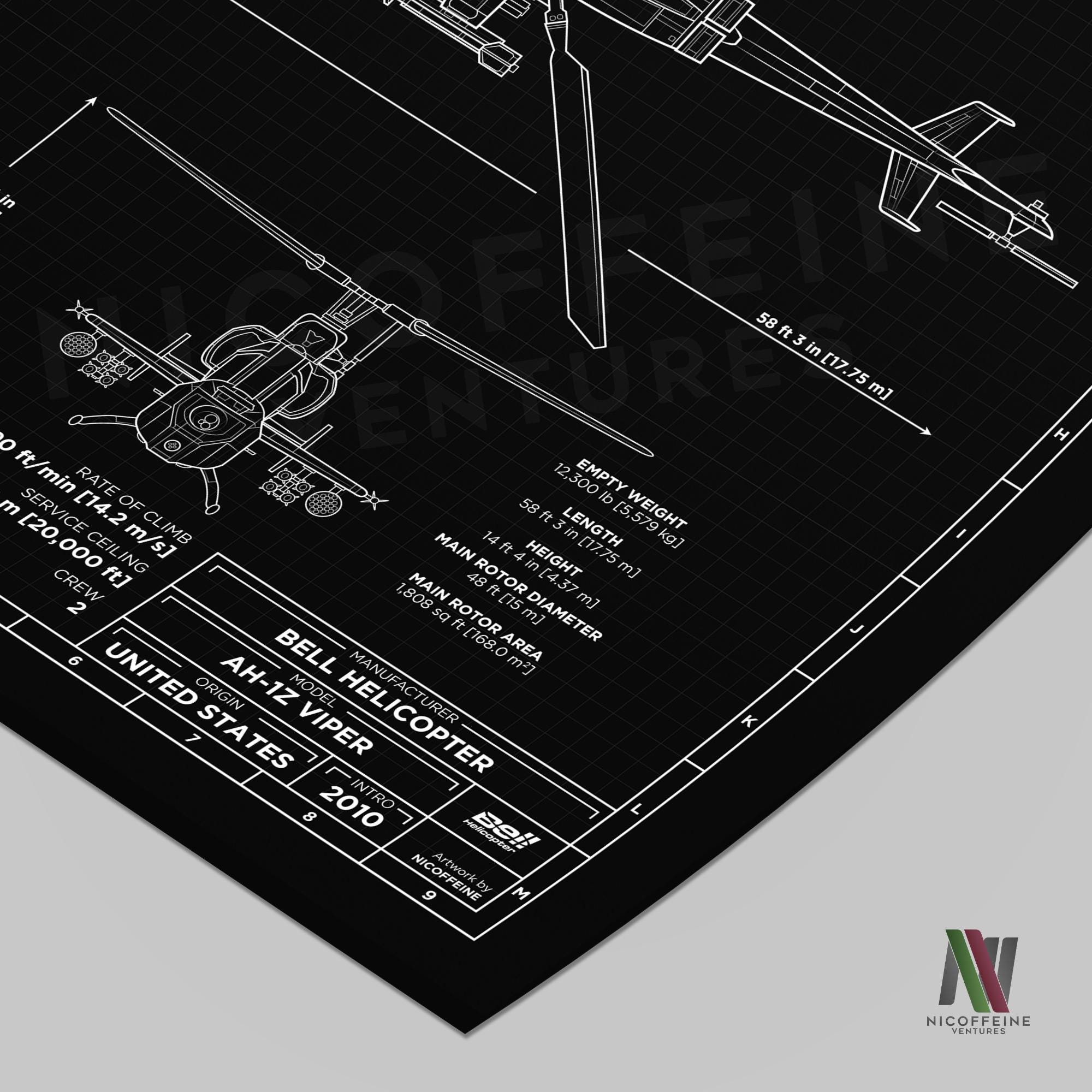 Bell AH-1Z Viper Attack Helicopter Minimalist Aircraft Blueprint Style ...
