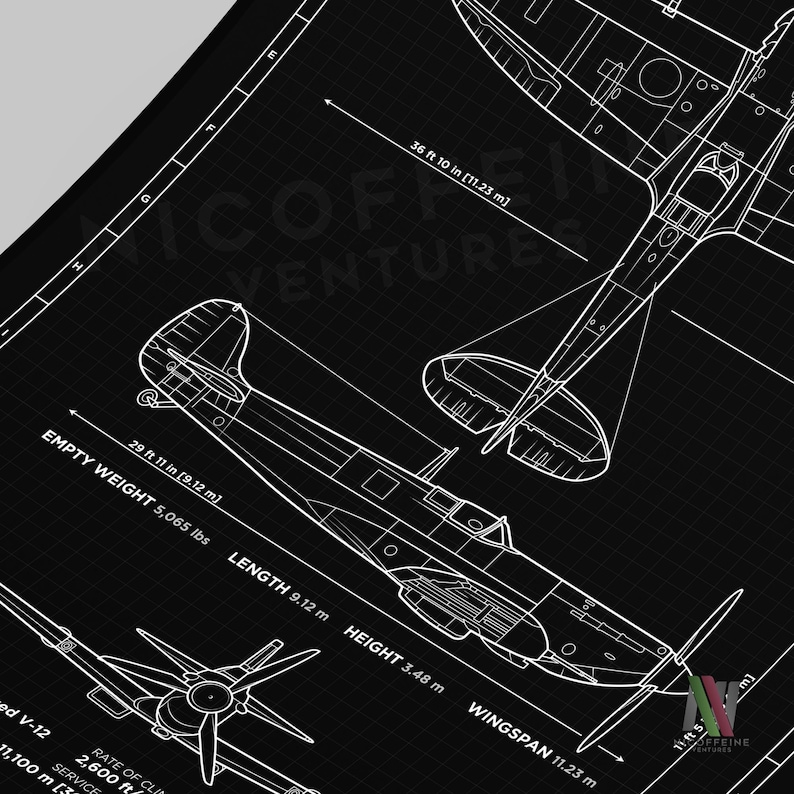 Supermarine Spitfire Minimalist Aircraft / Aeroplane Blueprint Style ...