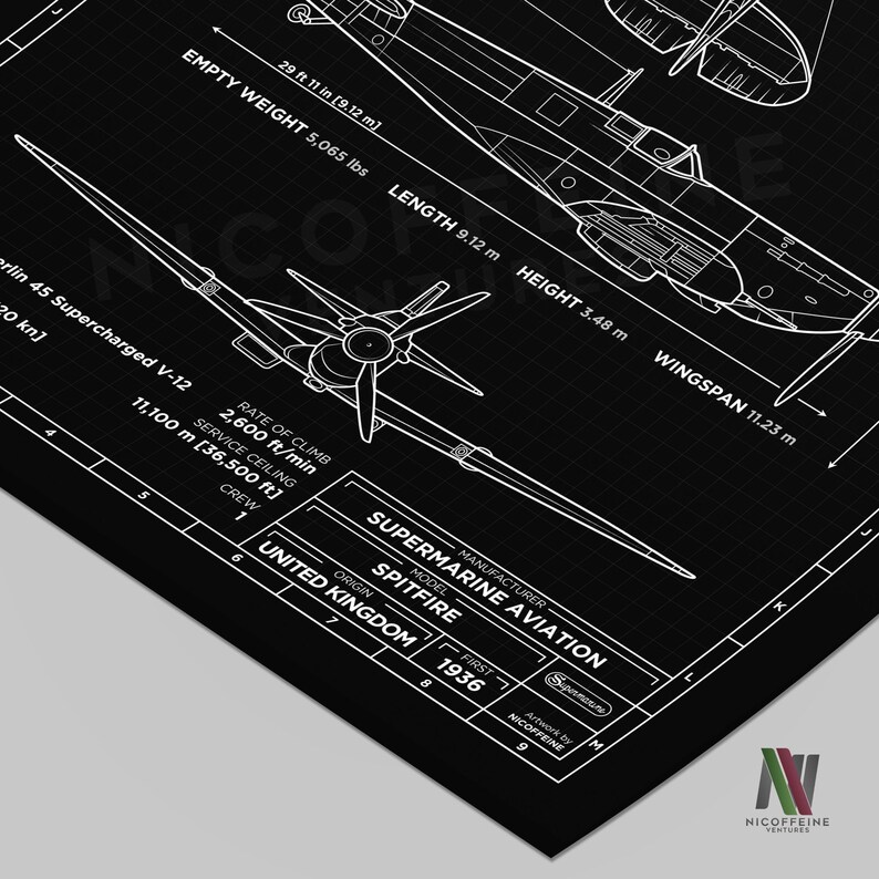 Supermarine Spitfire Minimalist Aircraft / Aeroplane Blueprint Style ...