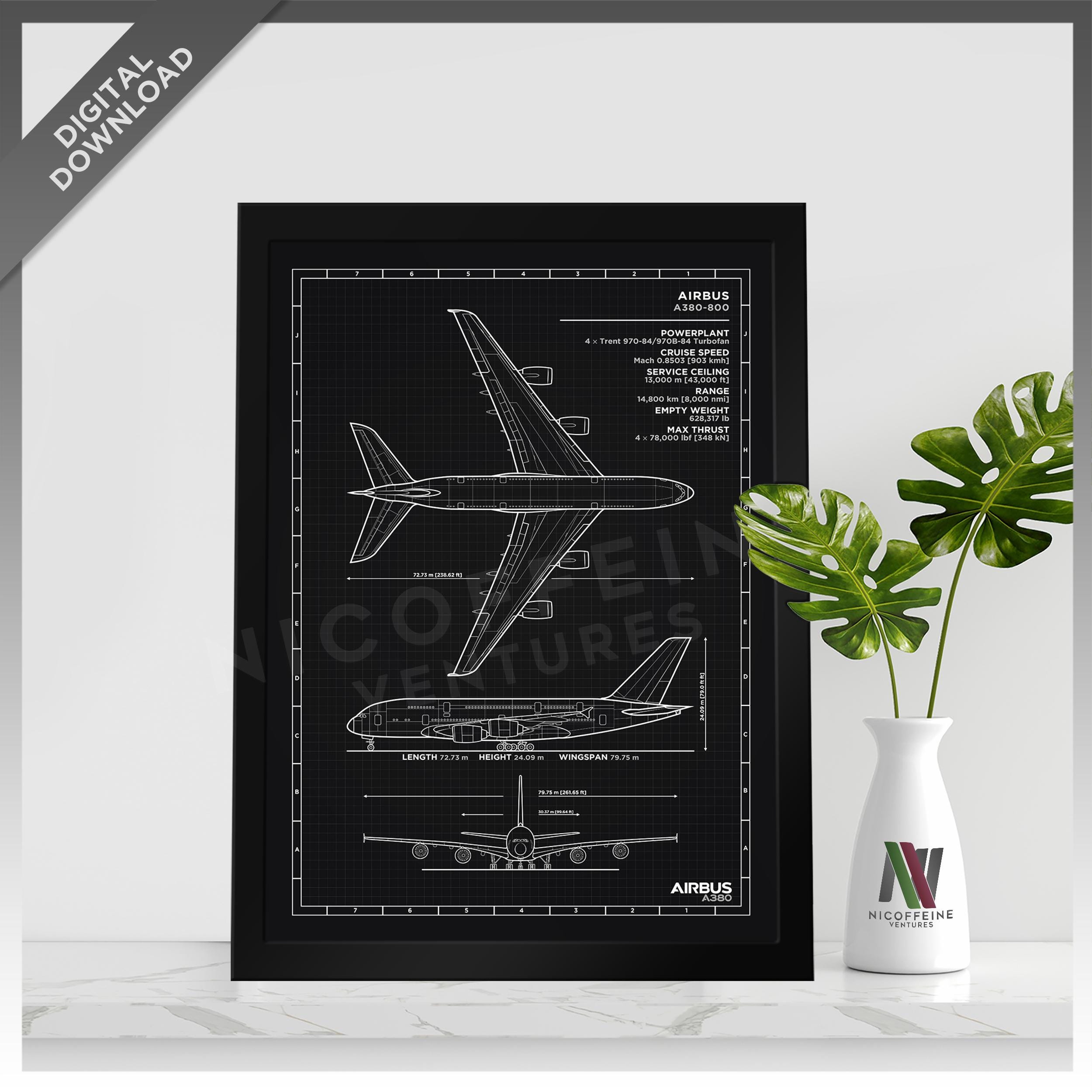 Airbus A380-800 Minimalist Aircraft Blueprint Style for Large Poster ...