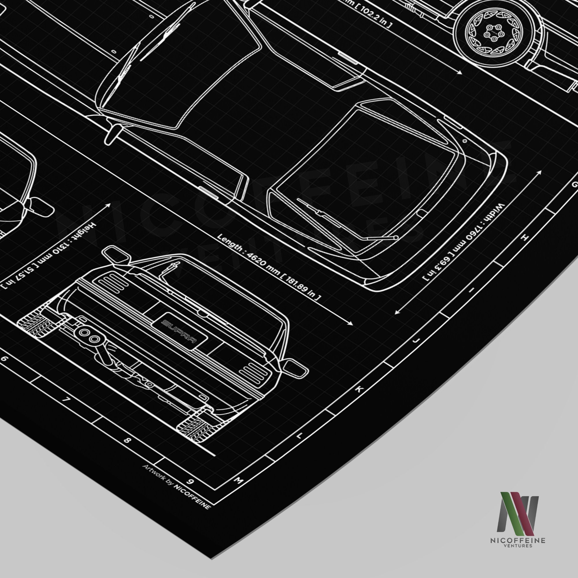 Toyota Supra MKIII MK3 A70 Minimalist Sport Car Blueprint Style for ...
