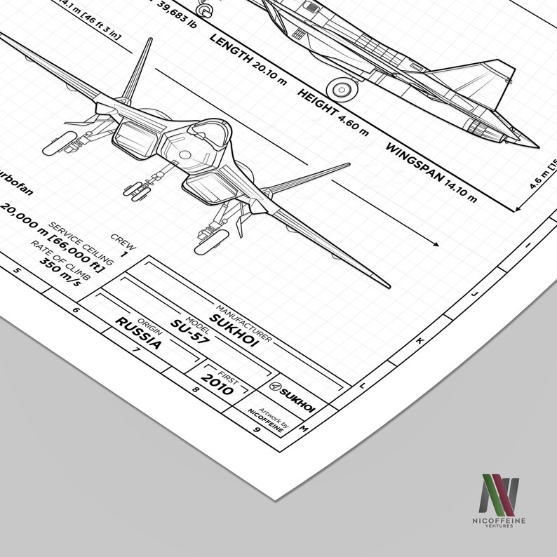 Sukhoi SU-57 Felon PAK FA T50 Aircraft / Flight / Jet Blueprint Style ...