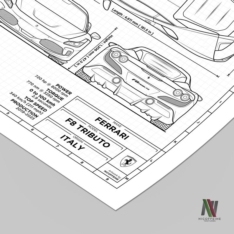 Ferrari F8 Tributo White Background Minimalist Super Car Blueprint ...