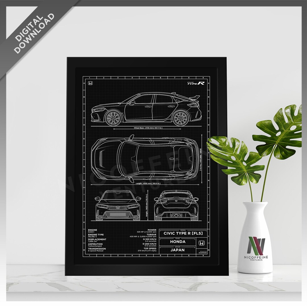 Honda Civic FL5 Type R FL5R Minimalist Sport Car Blueprint Style for ...