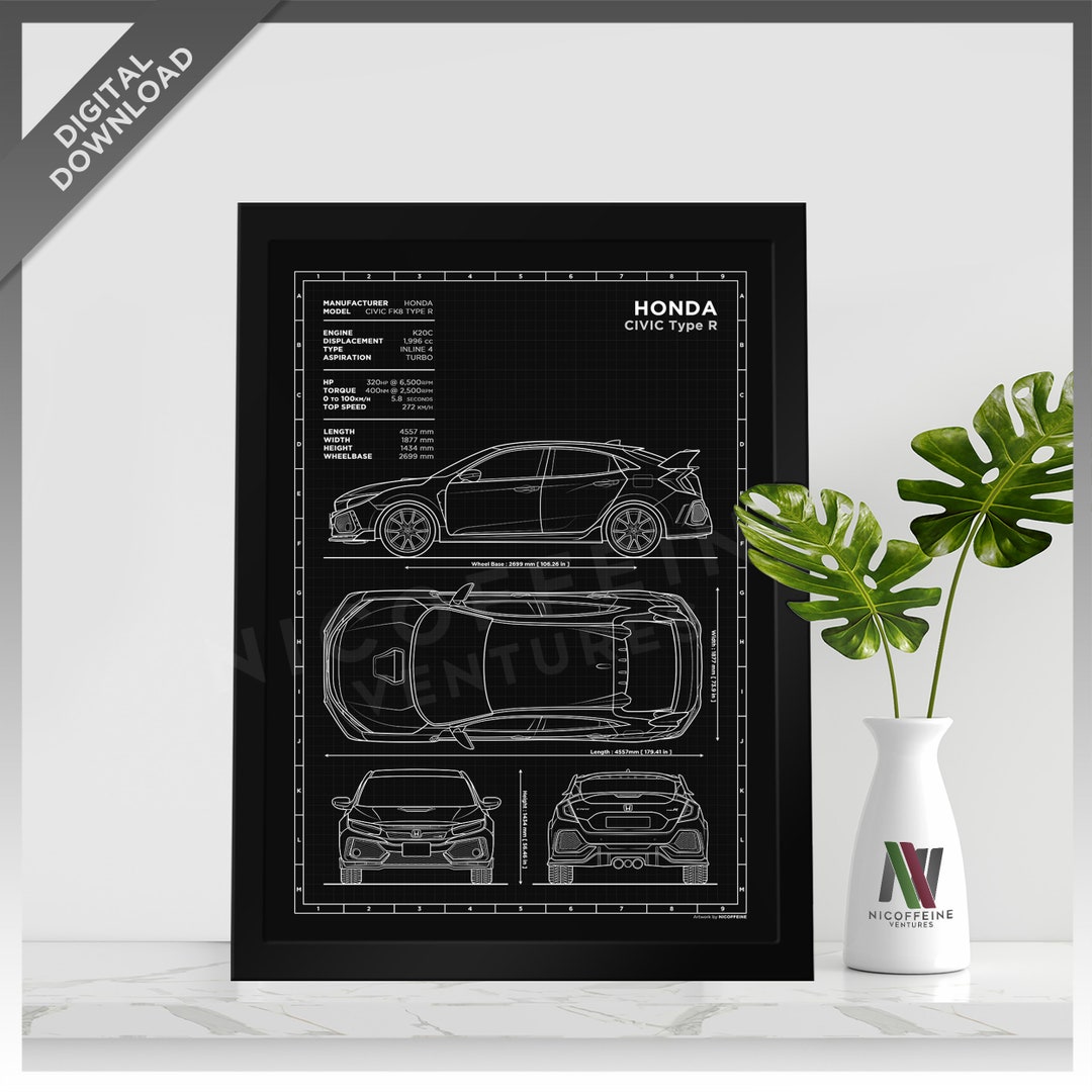 Honda Civic FK8 Type R FK8R Minimalist Sport Car Blueprint Style for ...