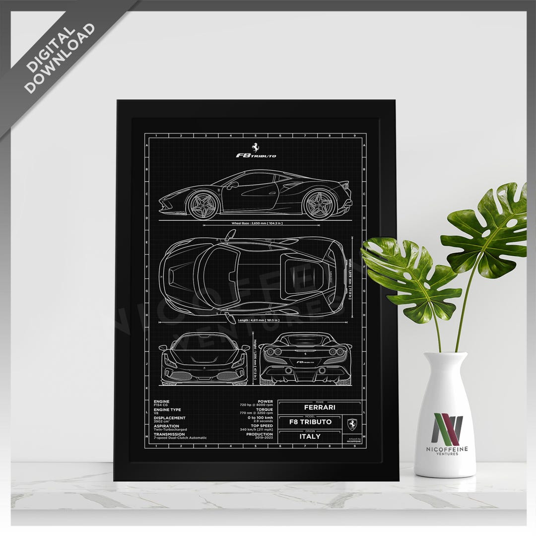 Ferrari F8 Tributo Minimalist Super Car Blueprint Style for Large ...
