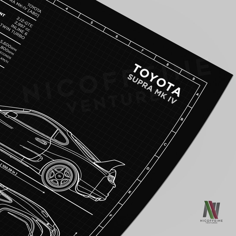 Toyota Supra MKIV MK4 A80 Minimalist Sport Car Blueprint Style for ...