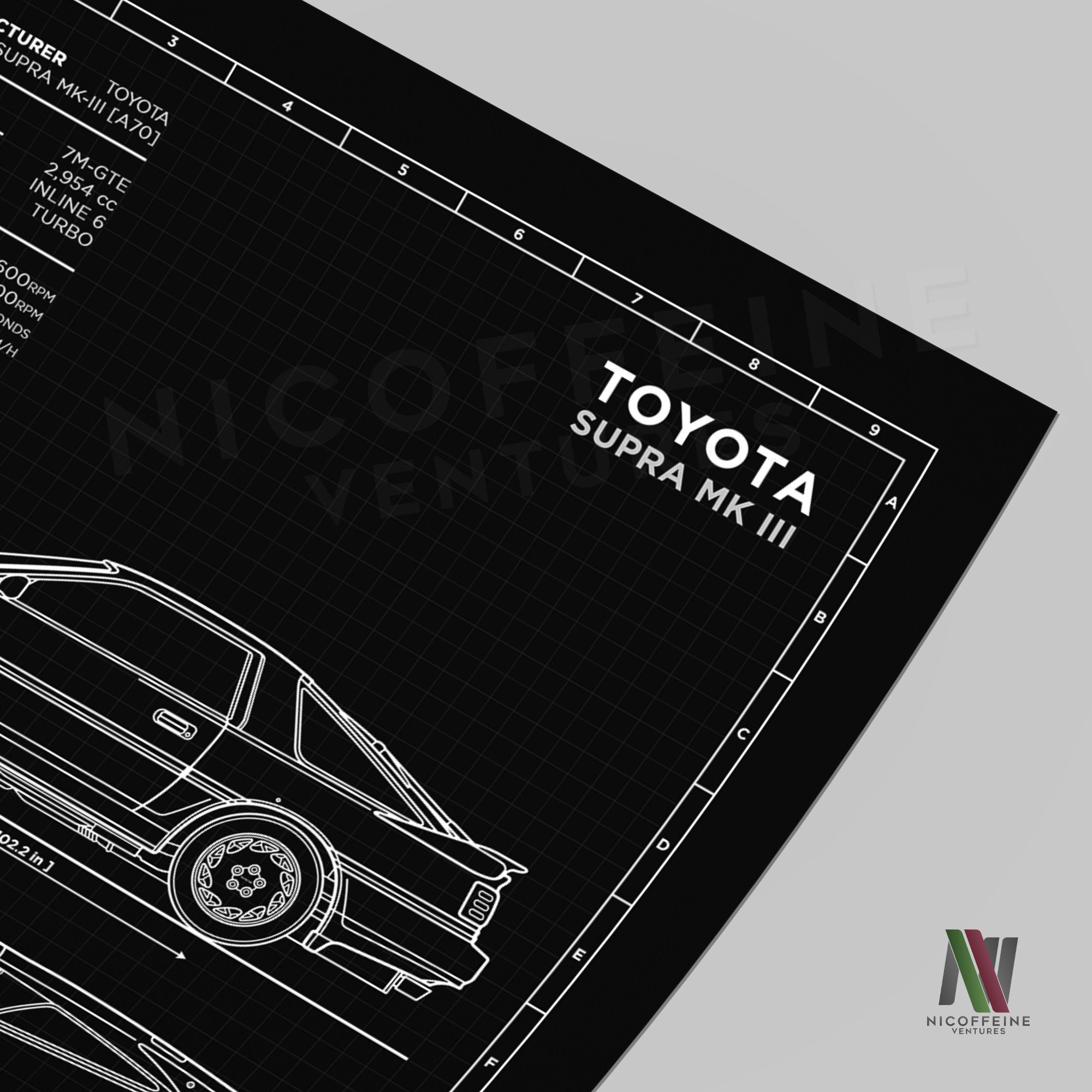 Toyota Supra MKIII MK3 A70 Minimalist Sport Car Blueprint Style for ...