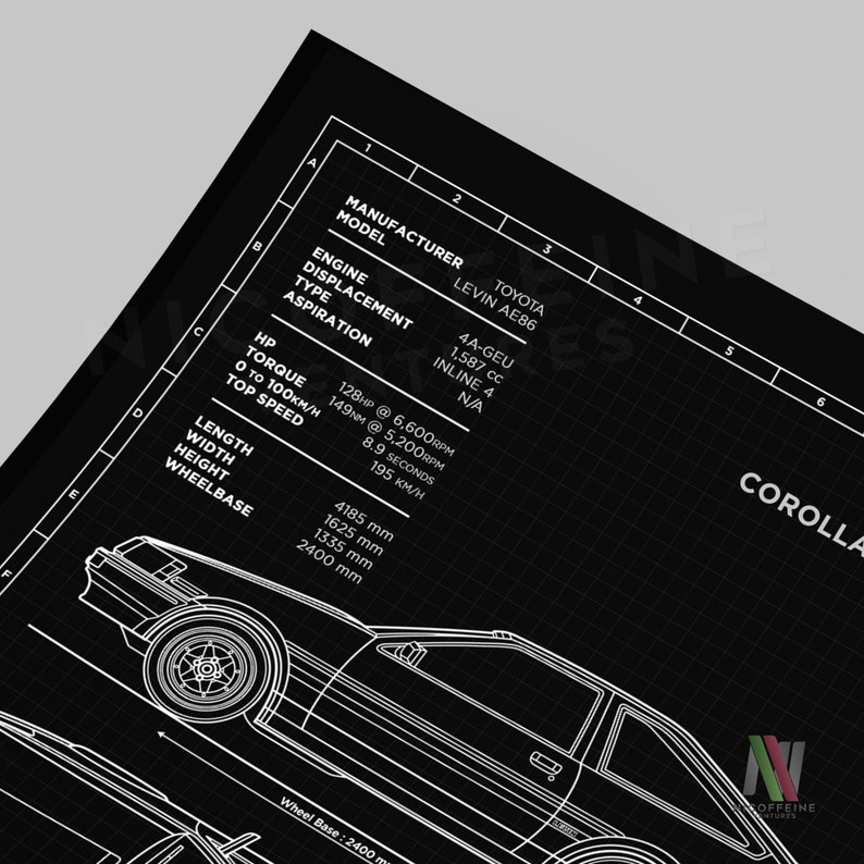 Toyota Corolla Levin AE86 Minimalist Blueprint Style for Large Poster ...
