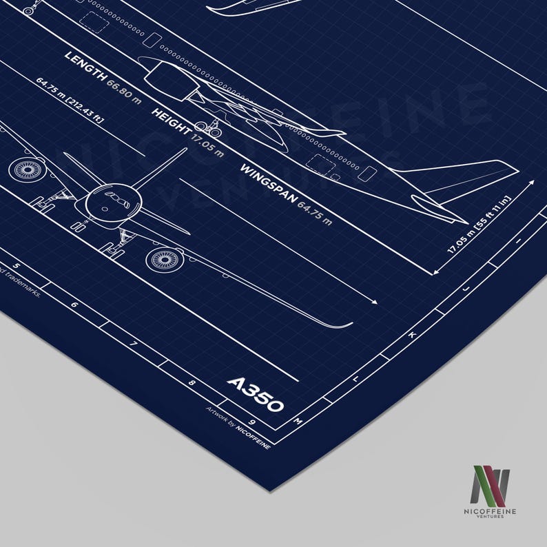 Airbus A350 900 XWB Minimalist Aircraft / Aeroplane Blueprint Style for ...
