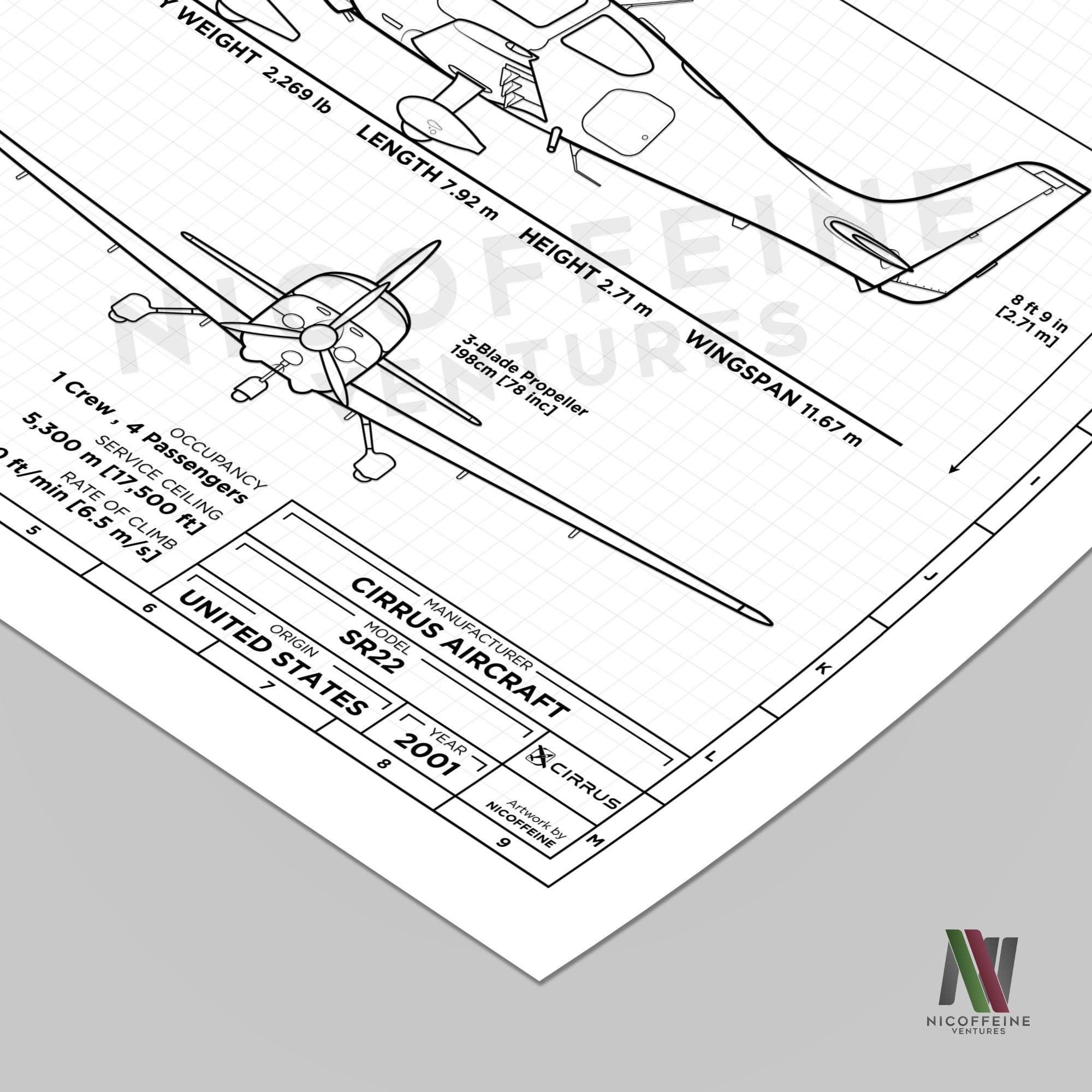Cirrus SR22 Civil Utility Minimalist Aircraft / Aeroplane Blueprint ...