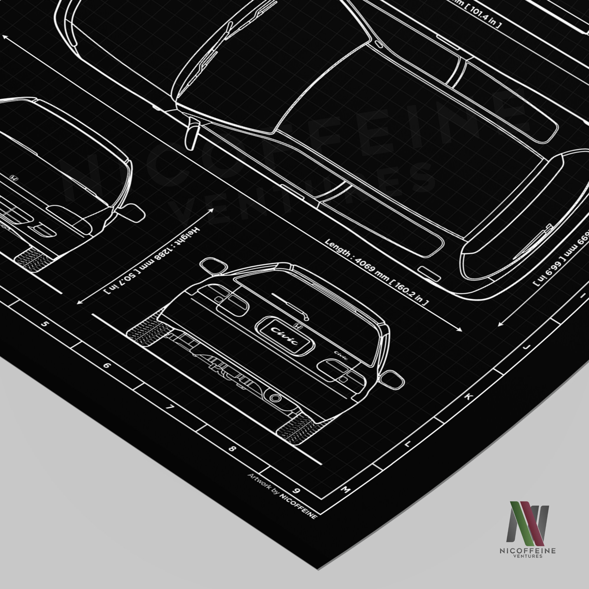 Honda Civic Vti EG6 B16A JDM Minimalist Sport Car Blueprint Style for ...