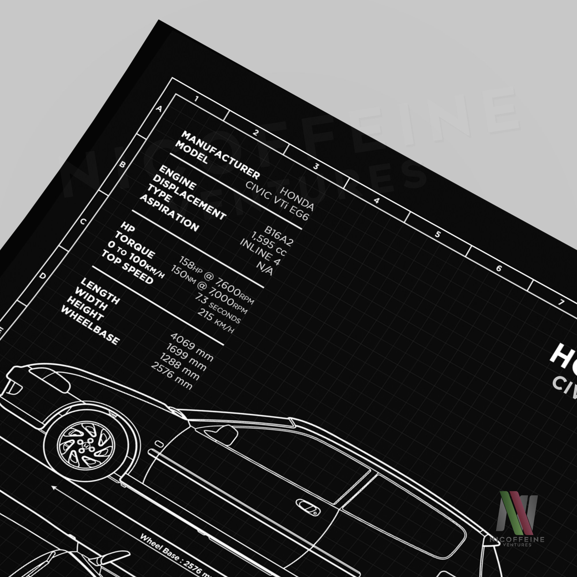 Honda Civic Vti EG6 B16A JDM Minimalist Sport Car Blueprint Style for ...