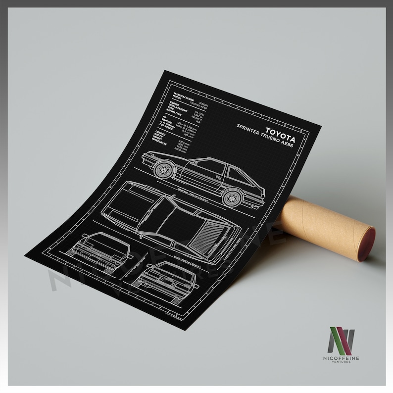 Toyota Sprinter Trueno AE86 Minimalist Blueprint Style for Large Poster ...