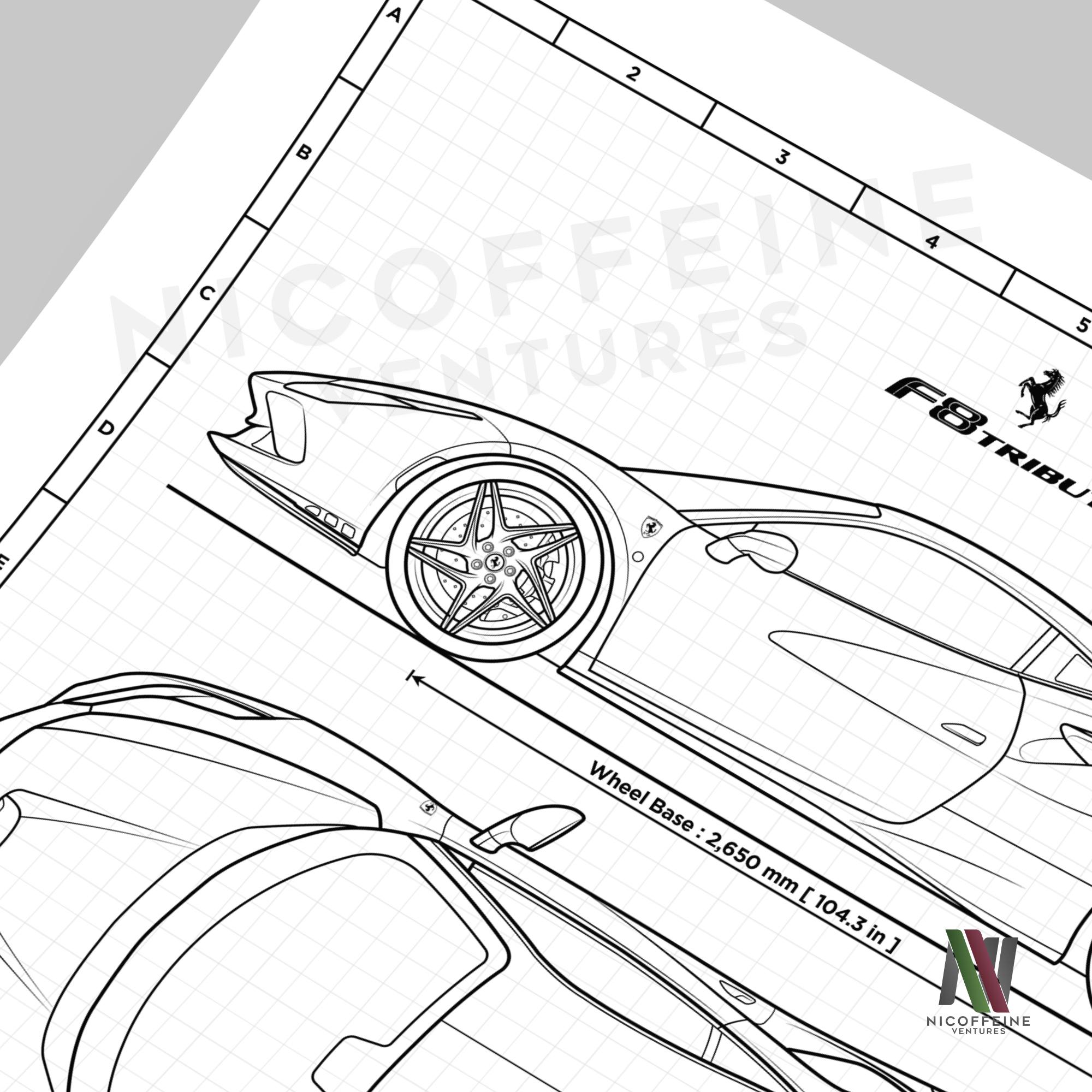 Ferrari F8 Tributo White Background Minimalist Super Car Blueprint ...