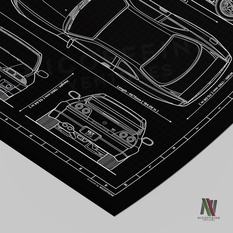 Nissan Skyline GT-R R33 Minimalist Blueprint Style for Large Poster ...