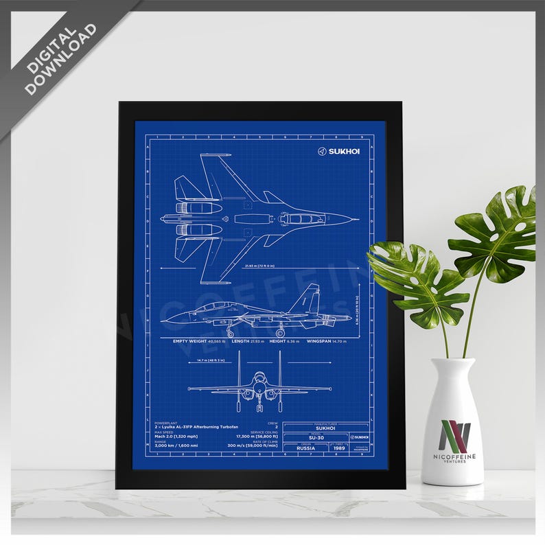 Sukhoi SU-30 Flanker C/G/H Aircraft / Flight / Jet Blueprint Style for ...