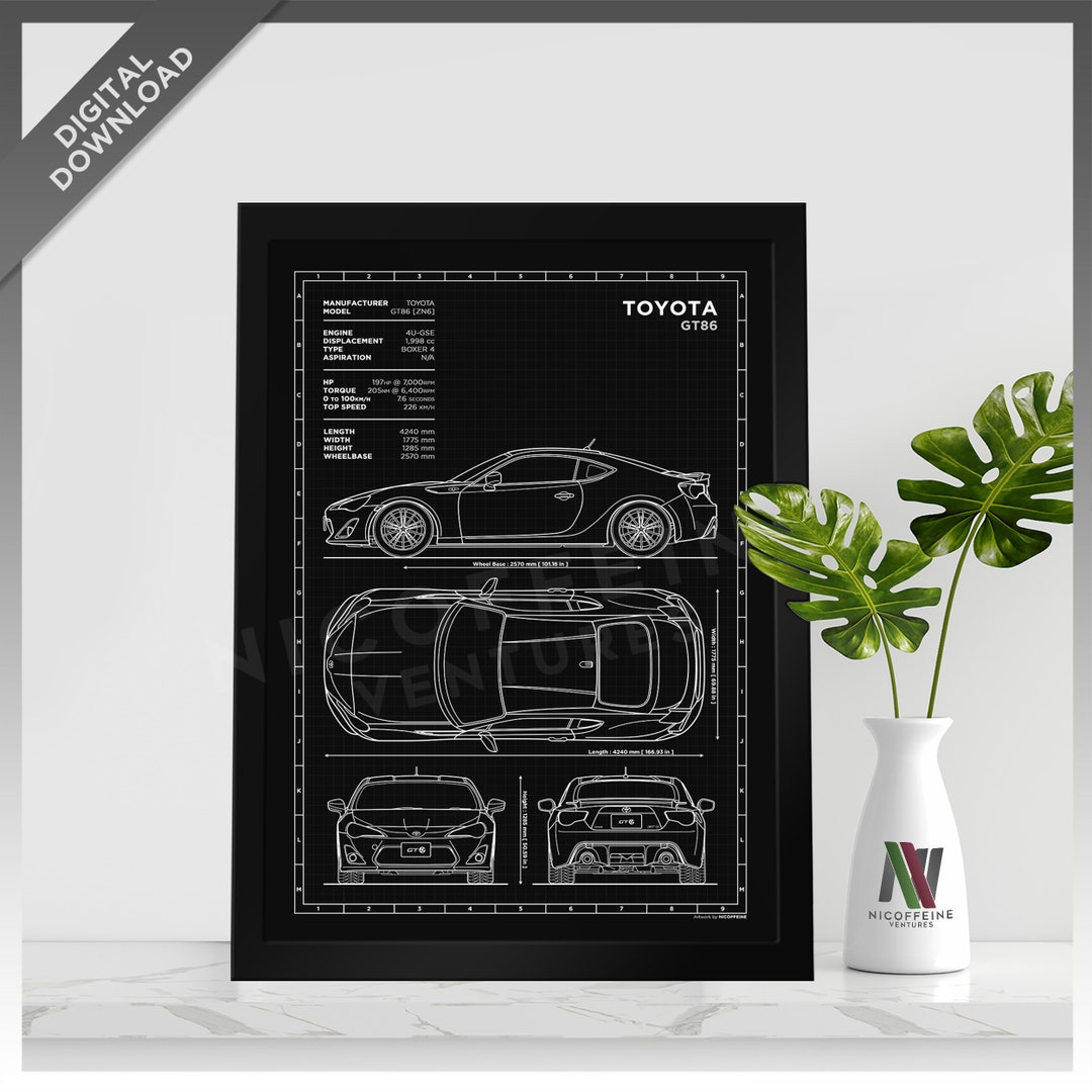 Toyota GT86 ZN6 Minimalist Sport Car Blueprint Style for Large Poster ...
