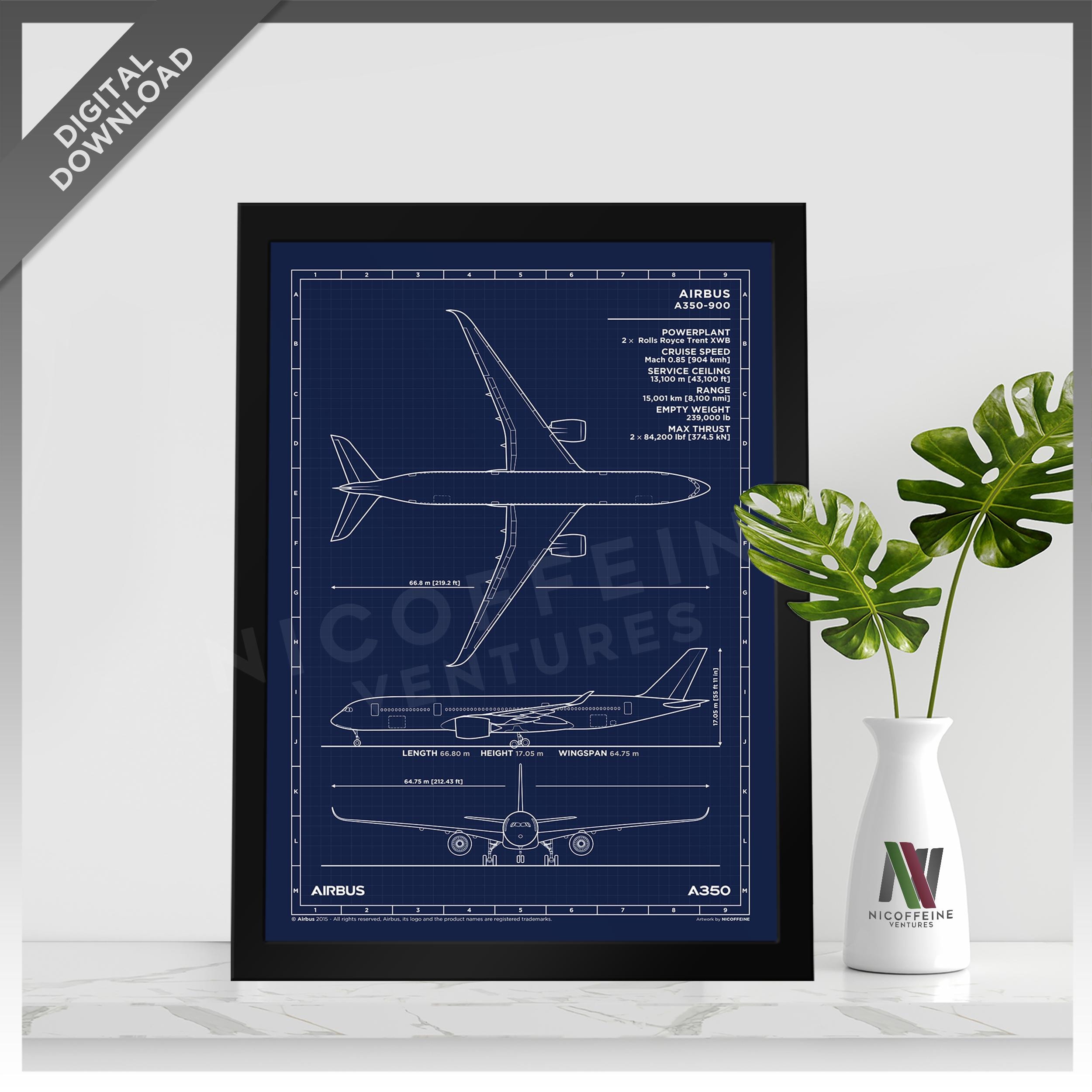 Airbus A350 900 XWB Minimalist Aircraft / Aeroplane Blueprint Style for ...