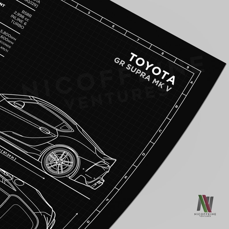 Toyota GR Supra MK5 Mkv A90 J29 Minimalist Sport Car Blueprint Style ...