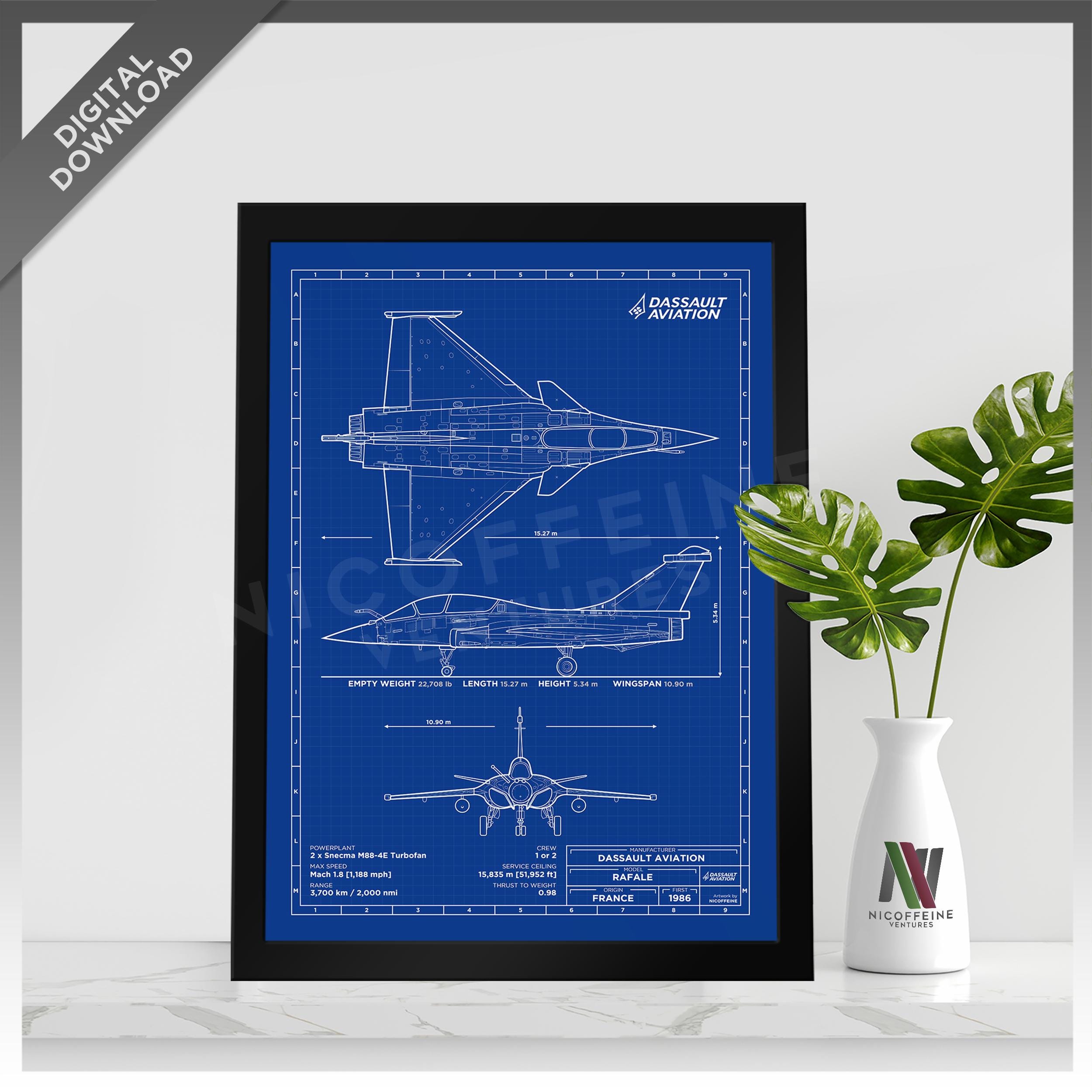 Dassault Rafale Multirole Fighter Jet Minimal Aircraft Blueprint Style ...