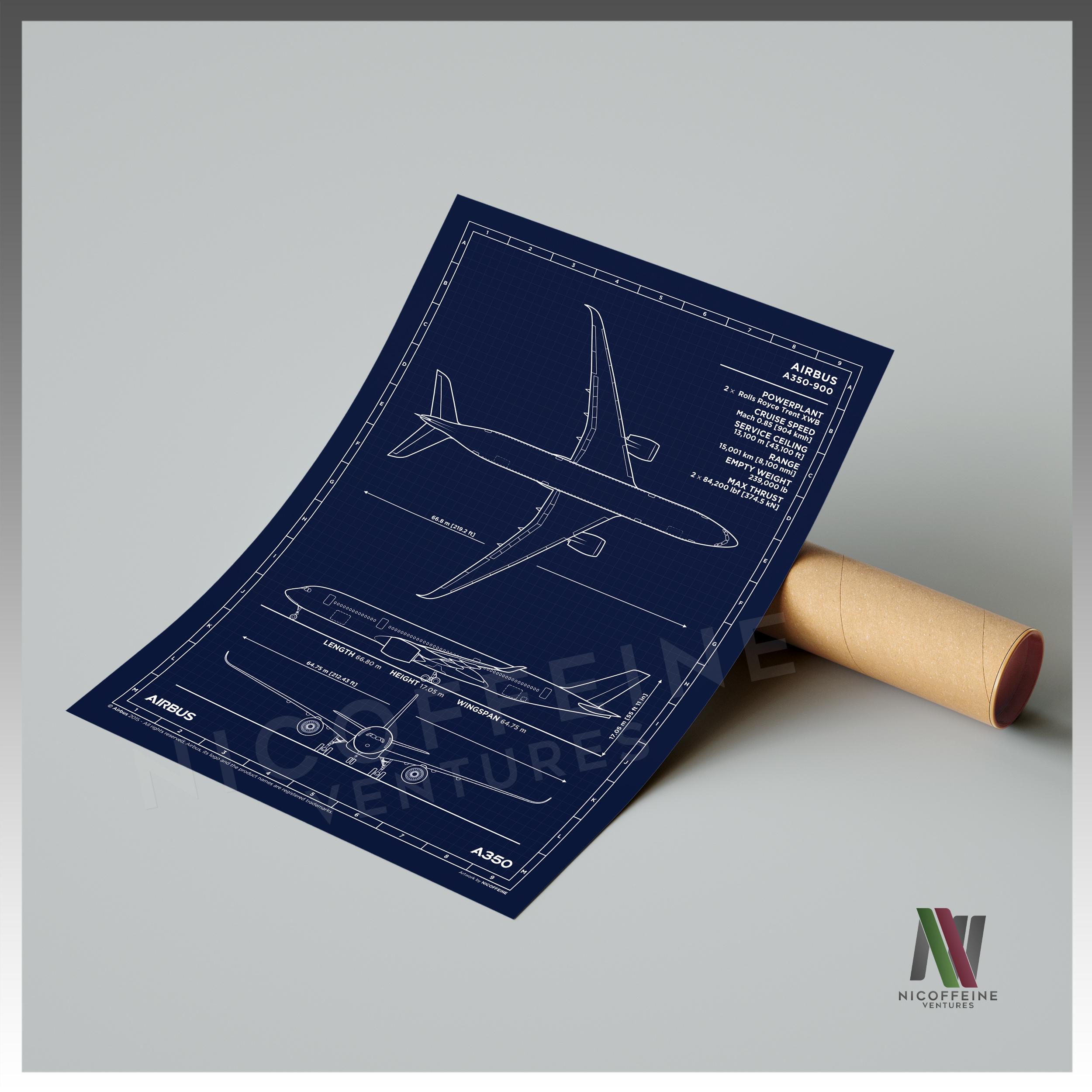 Airbus A350 900 XWB Minimalist Aircraft / Aeroplane Blueprint Style for ...