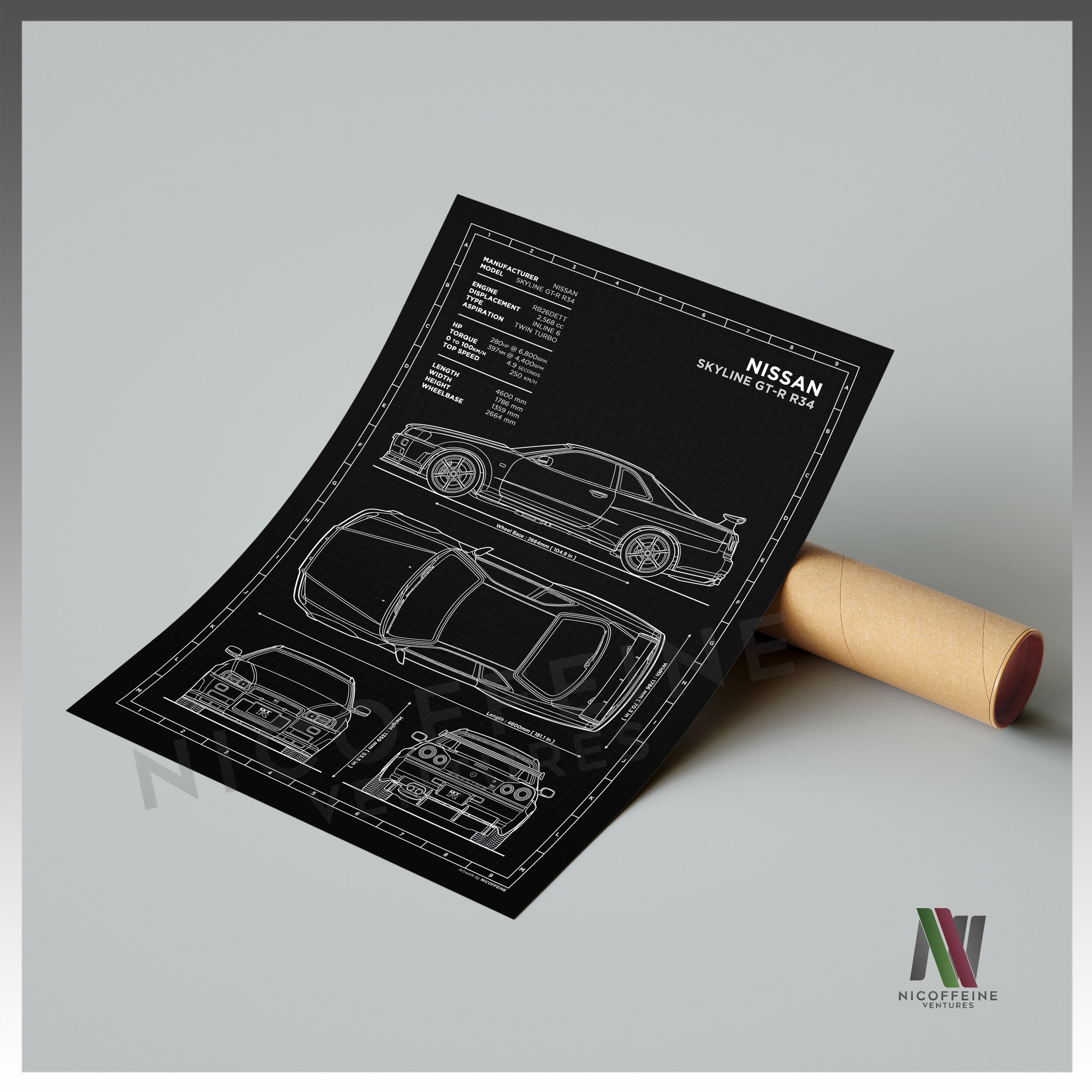 Nissan Skyline GT-R R34 Minimalist Blueprint Style for Large Poster ...