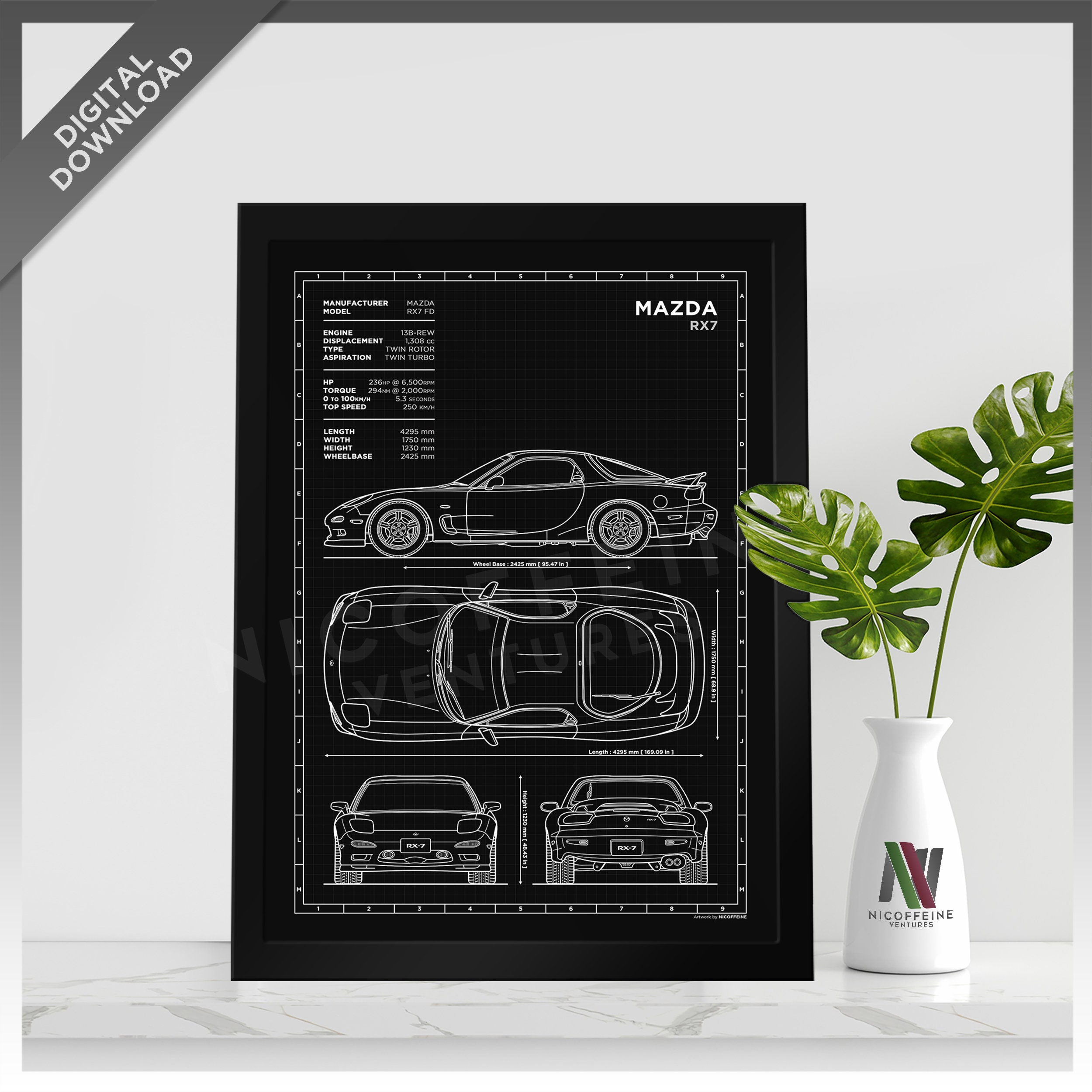 Mazda RX-7 FD Efini RX-7 Minimalist Sport Car Blueprint Style for Large ...