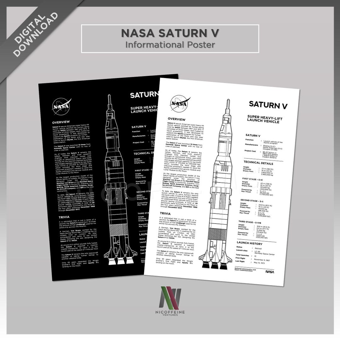 NASA Saturn V Apollo Launch Vehicle Minimalist Informational Poster for ...