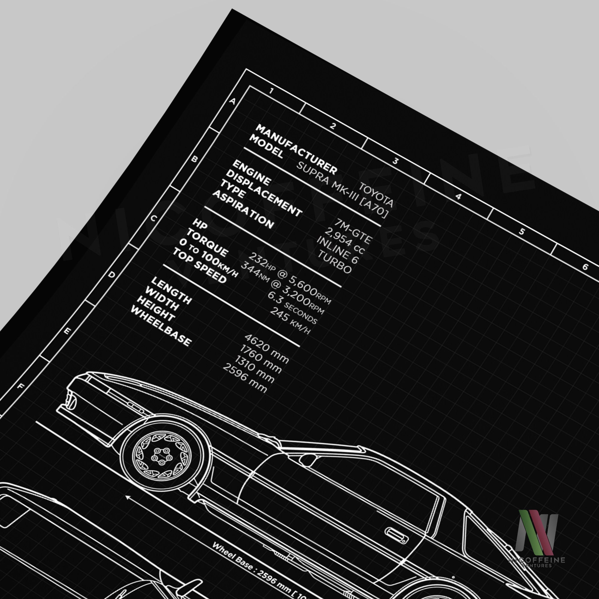Toyota Supra MKIII MK3 A70 Minimalist Sport Car Blueprint Style for ...
