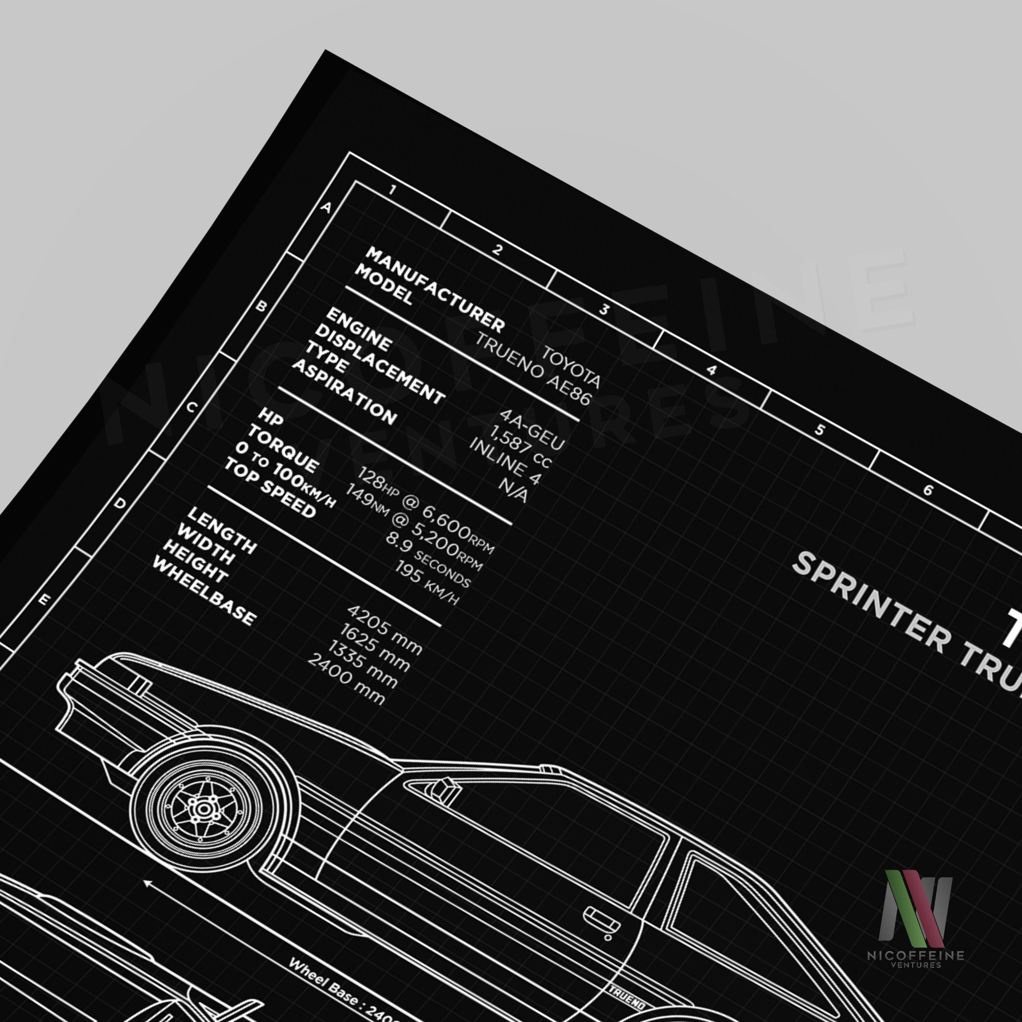 Toyota Sprinter Trueno AE86 Minimalist Blueprint Style for Large Poster ...