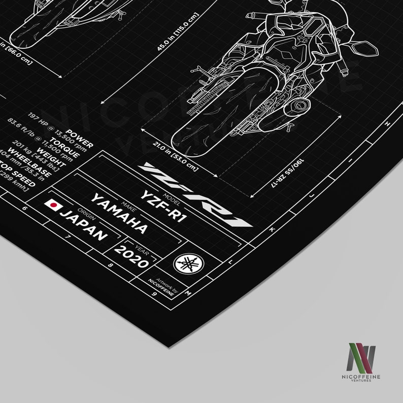 Yamaha YZF R1 Minimalist Superbike SBK Blueprint Style for Large Poster ...