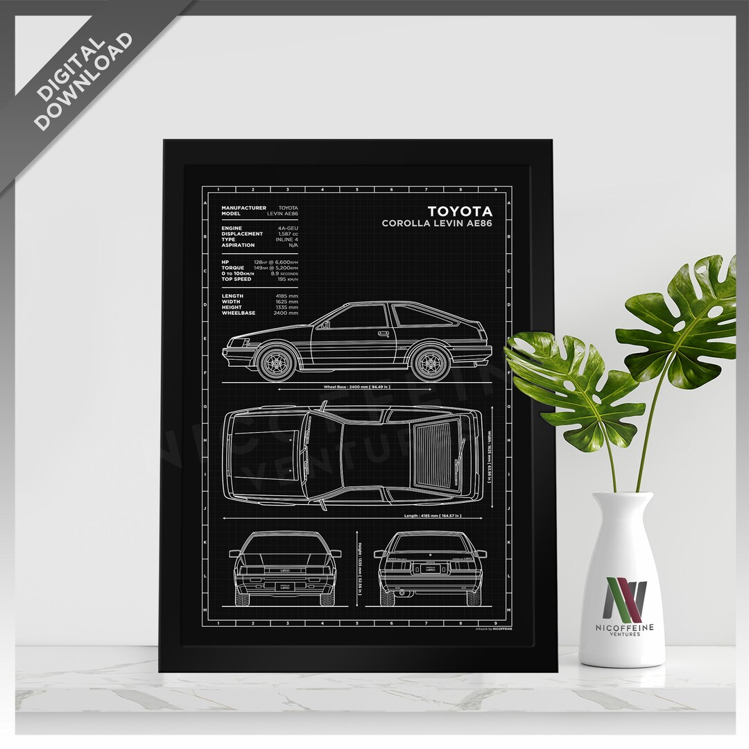 Toyota Corolla Levin AE86 Minimalist Blueprint Style for Large Poster ...