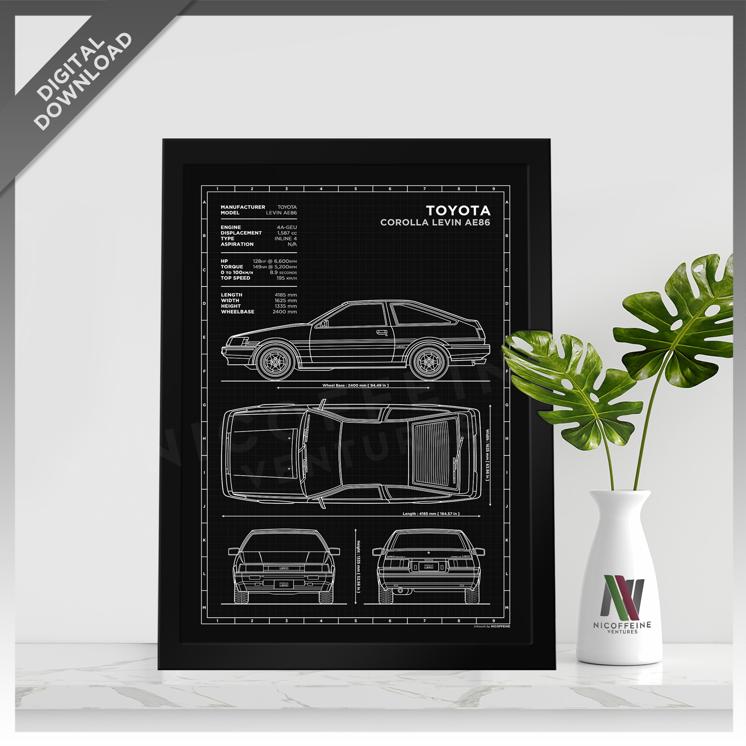 Toyota Corolla Levin AE86 Minimalist Blueprint Style for Large Poster ...