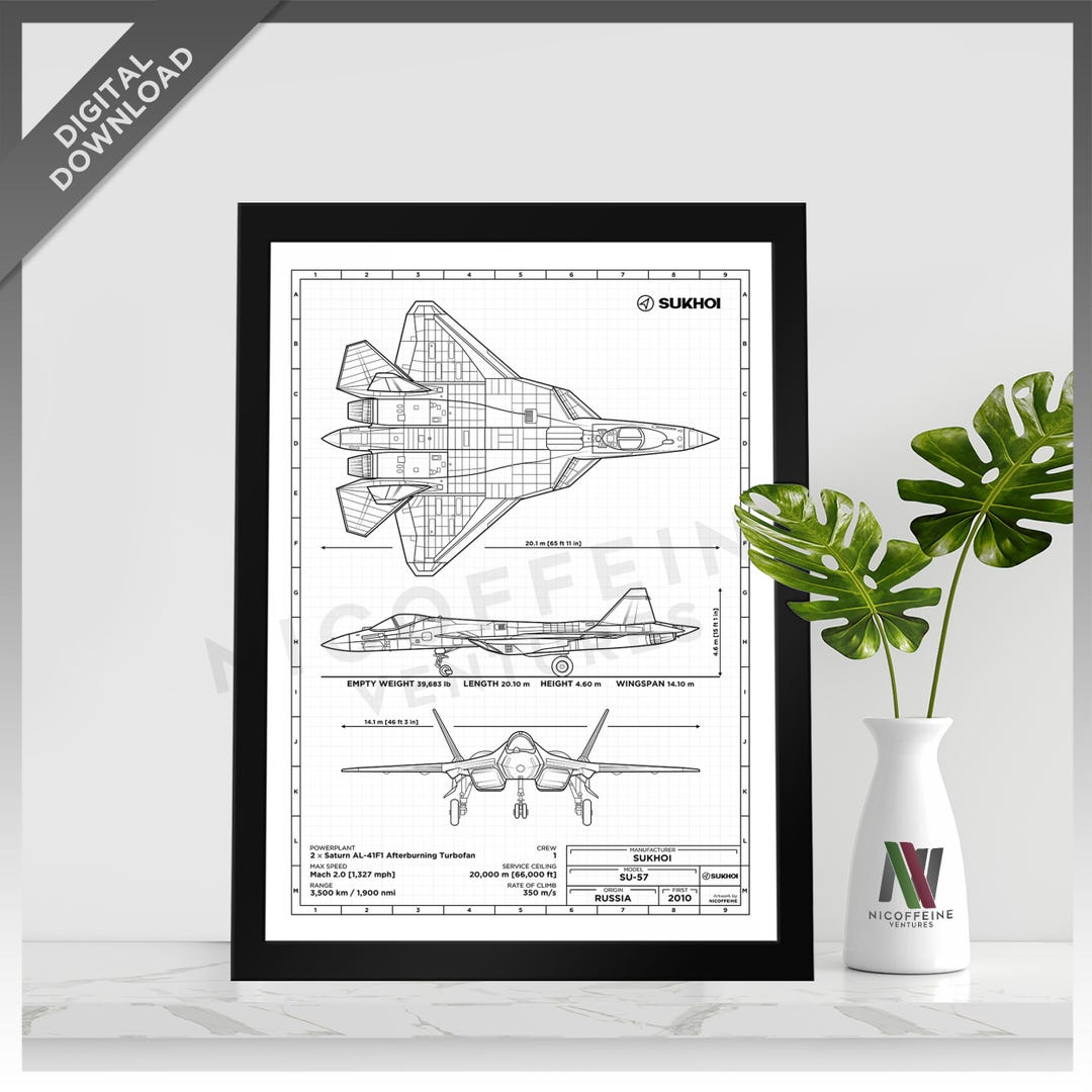 Sukhoi SU-57 Felon PAK FA T50 Aircraft / Flight / Jet Blueprint Style ...