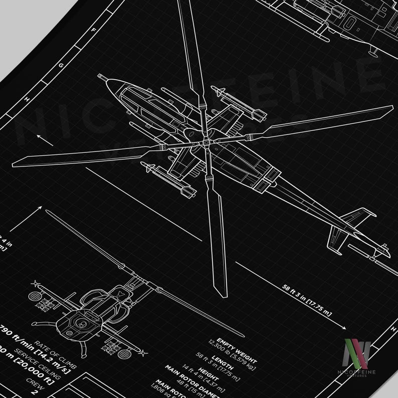 Bell AH-1Z Viper Attack Helicopter Minimalist Aircraft Blueprint Style ...