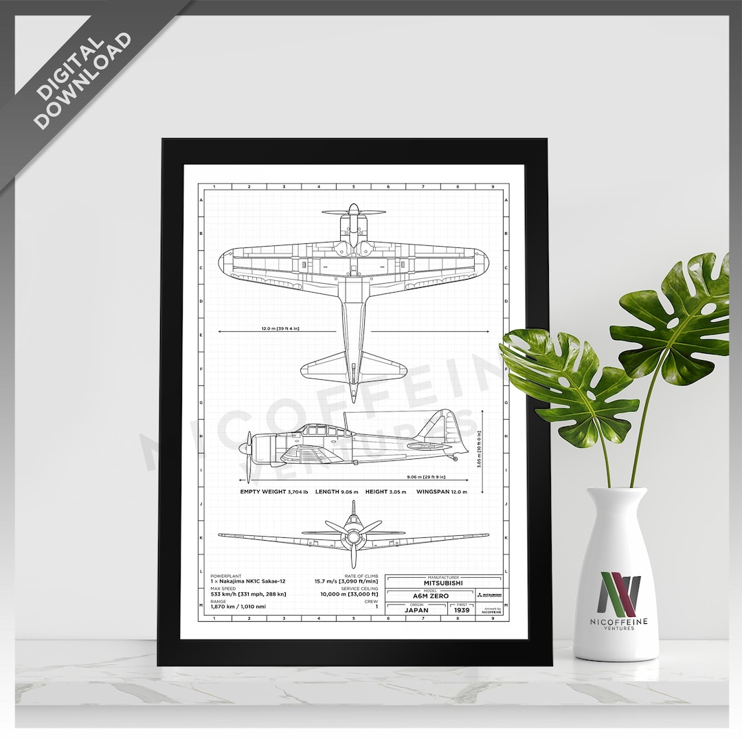 Mitsubishi A6M Zero WWII Minimalist Aircraft / Aeroplane Blueprint ...