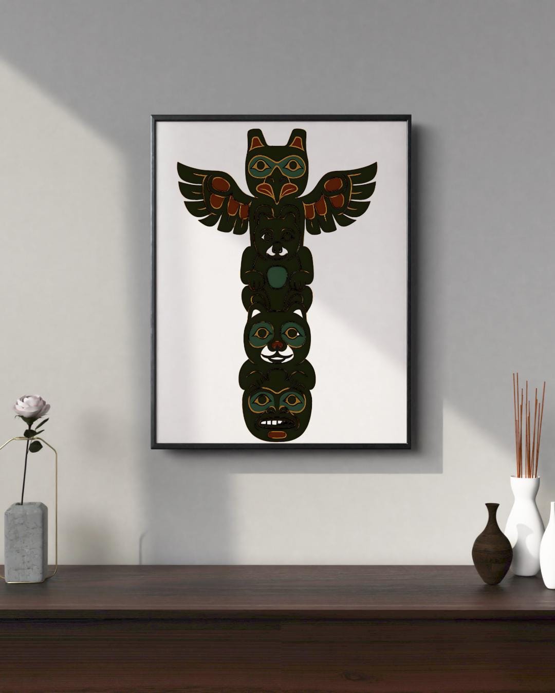Native American Totem Pole Wall Art – Owl & Bear Tribal Design ...