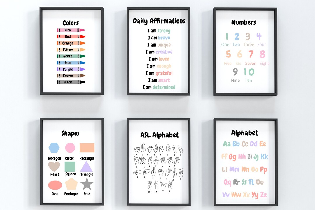 Montessori Educational Kids Learning Posters, Set of 6, ASL Sign ...