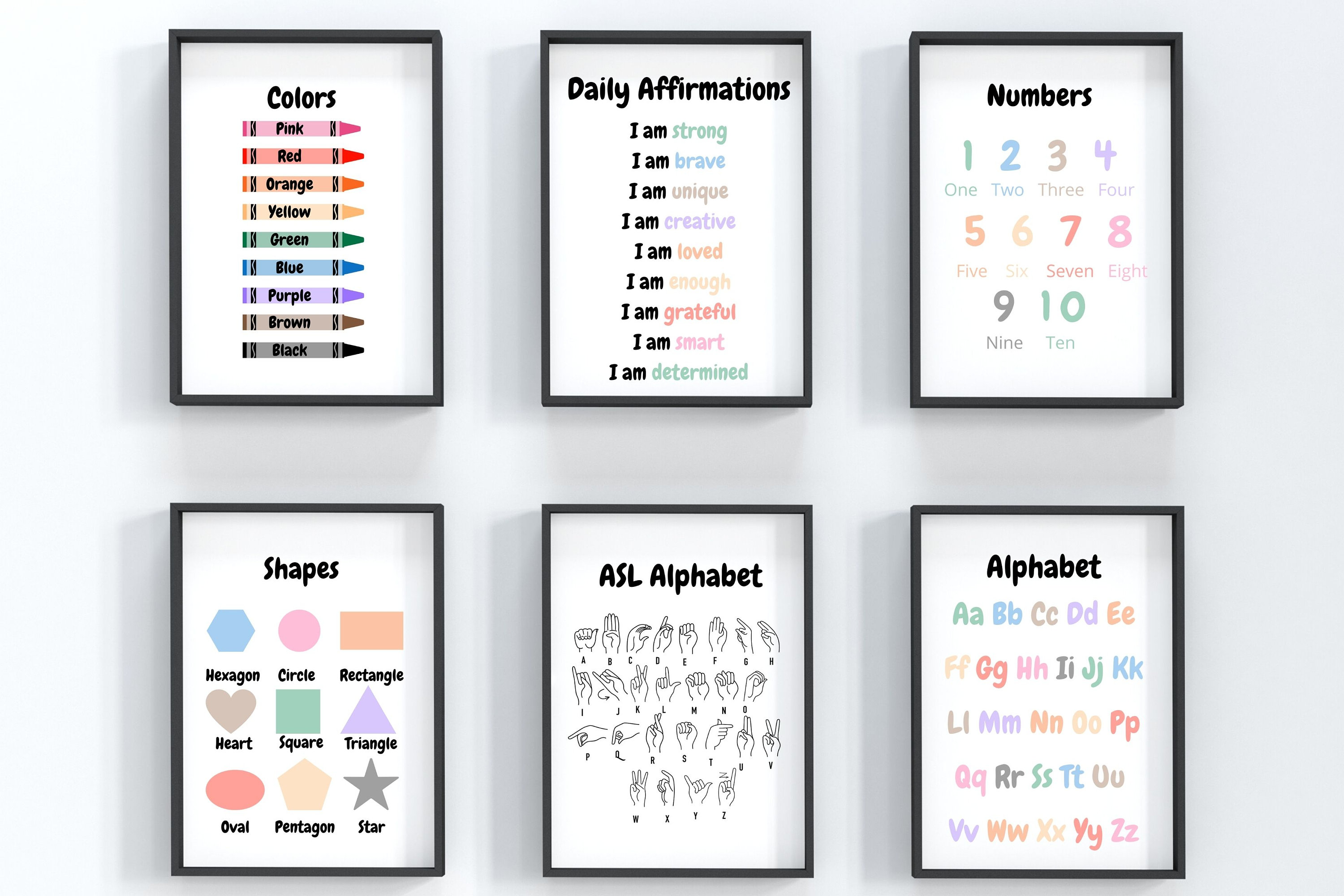 Montessori Educational Kids Learning Posters, Set of 6, ASL Sign ...