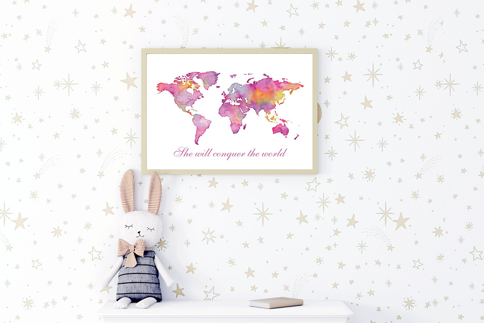 Pink Watercolor World Map Art Print, Girls "she Will Conquer the World ...