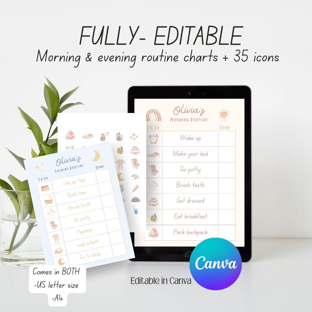 Bedtime Routine Chart, Editable Routine Chart, Morning Routine Chart ...