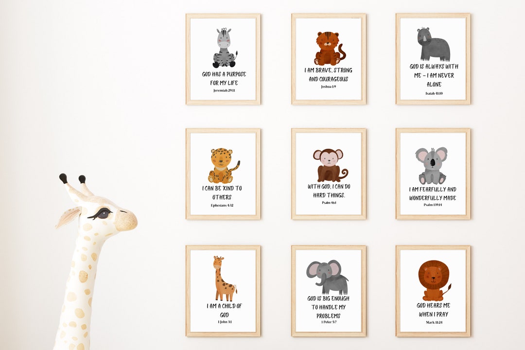 Bible Verse Positive Affirmation Animal Wall Art Set of 9 Safari Animal ...