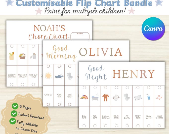 Kids Flip Routine Chart Editable Printable, Morning Evening Bedtime ...