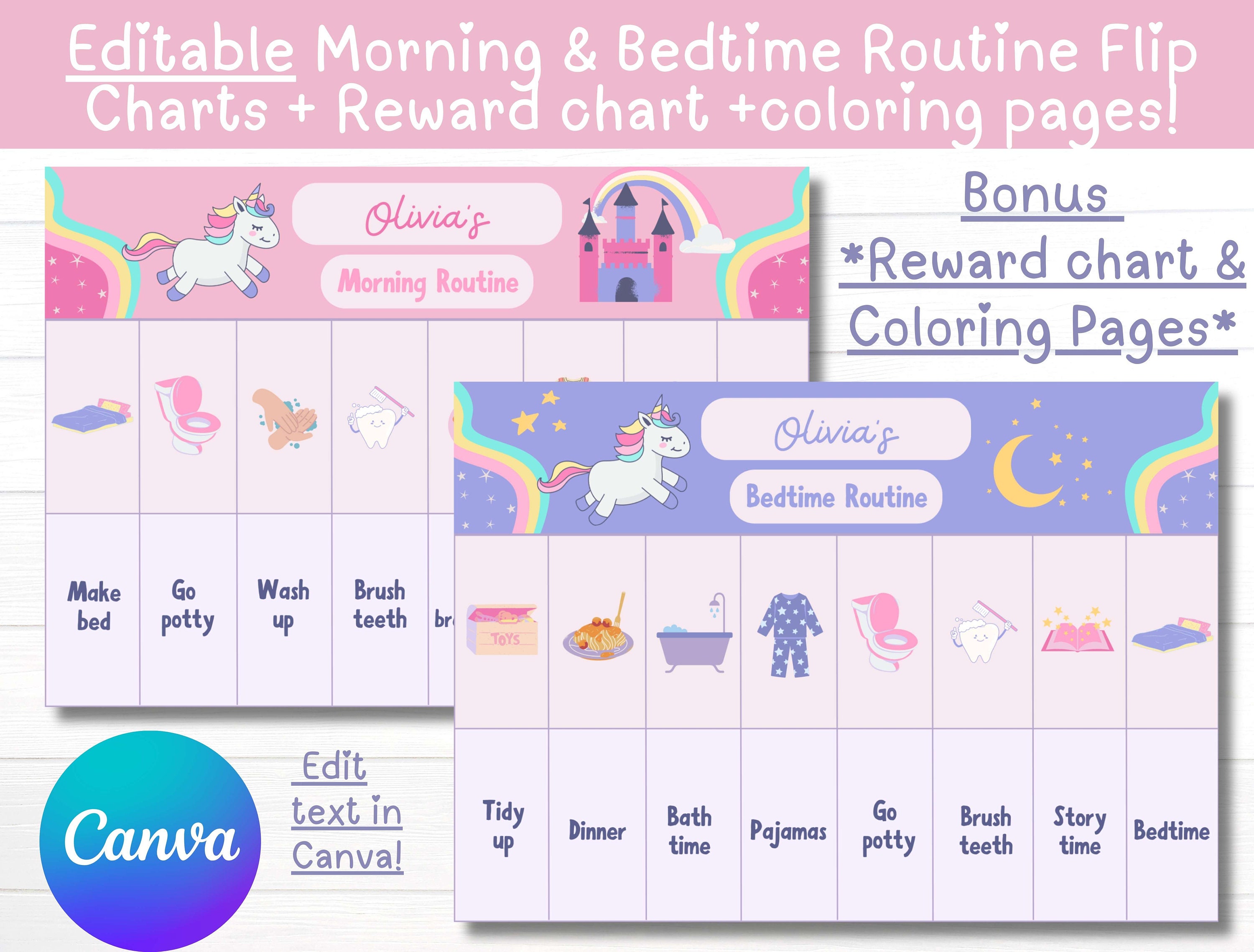Unicorn Flip Routine Chart Kids Editable Printable,morning Board ...