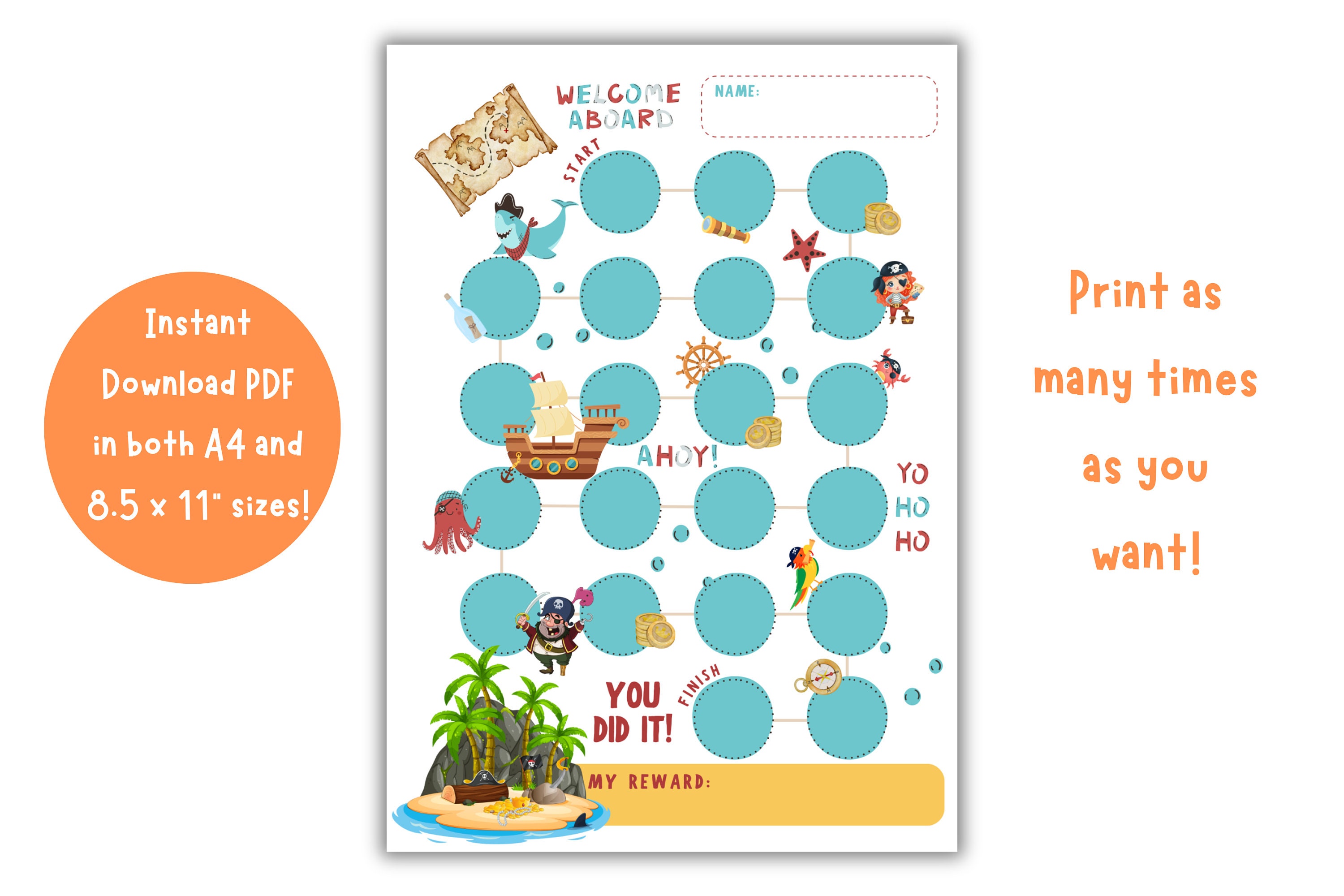 Reward Sticker Chart, Pirate Treasure Kids Potty Training Chart, Potty ...
